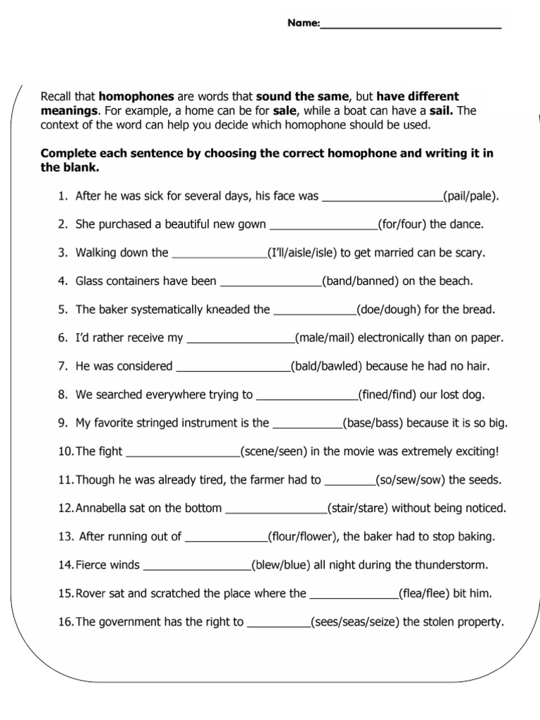 Homophones Use A Dictionary To Complete | PDF