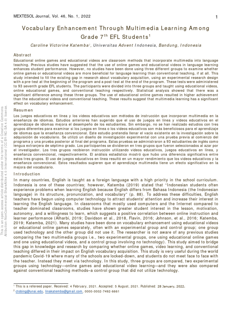 Vocabulary Enhancement Through Multimedia Learning Among Grade 7th EFL ...