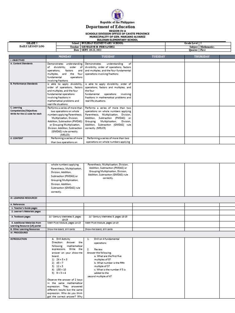 DLL - Math 5 - Q1 - W5 | PDF | Multiplication | Mathematics