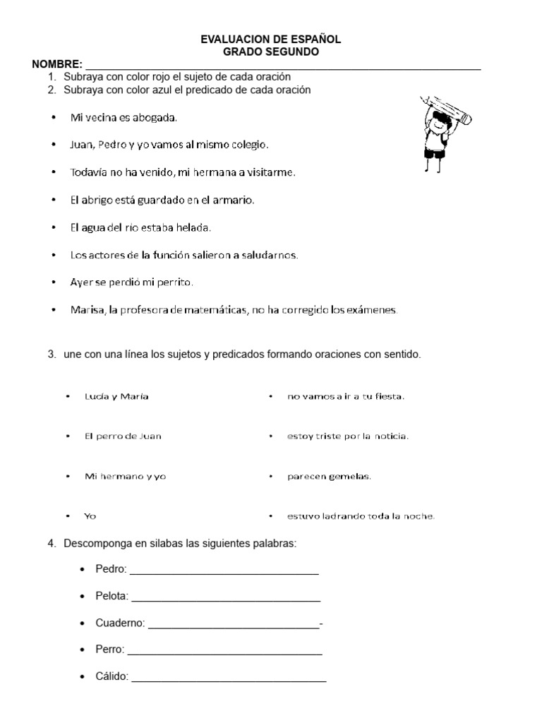EVALUACION DE ESPAÑOL Sujeto y Predicado | PDF