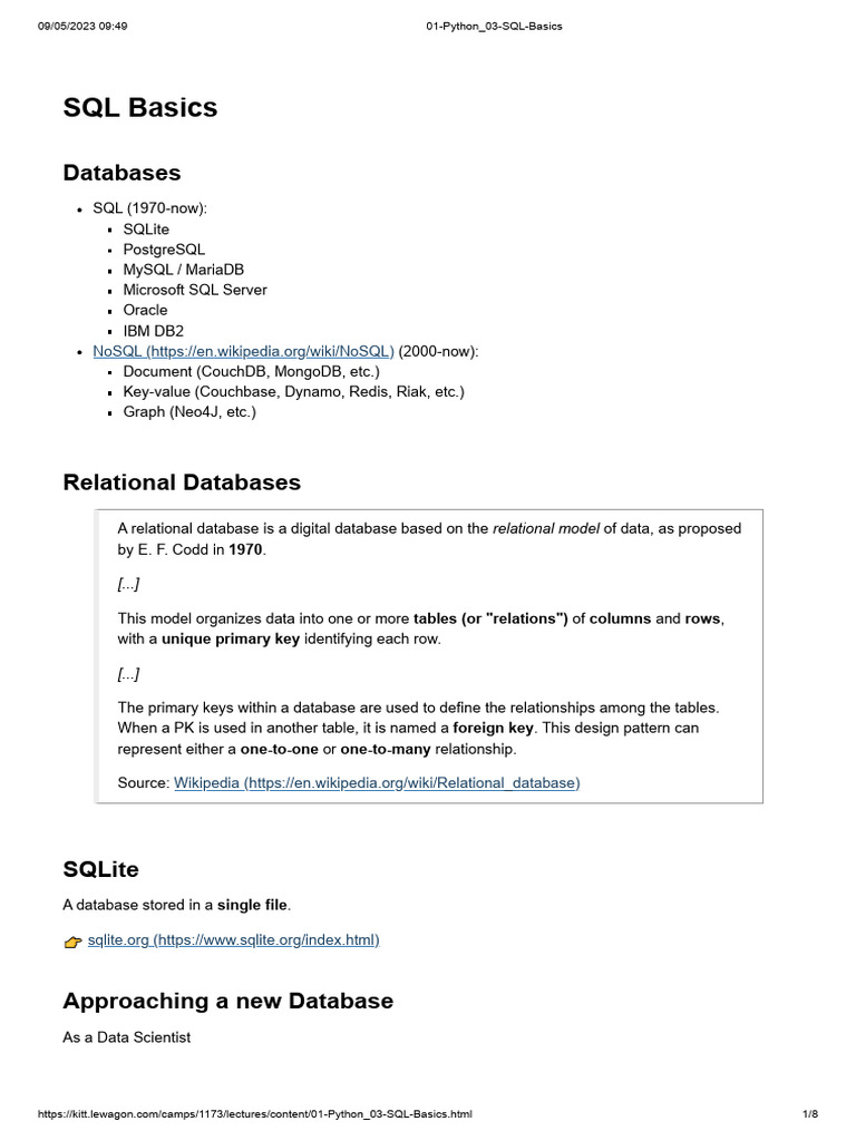 01 Python 03 SQL Basics | PDF | Relational Database | Sql