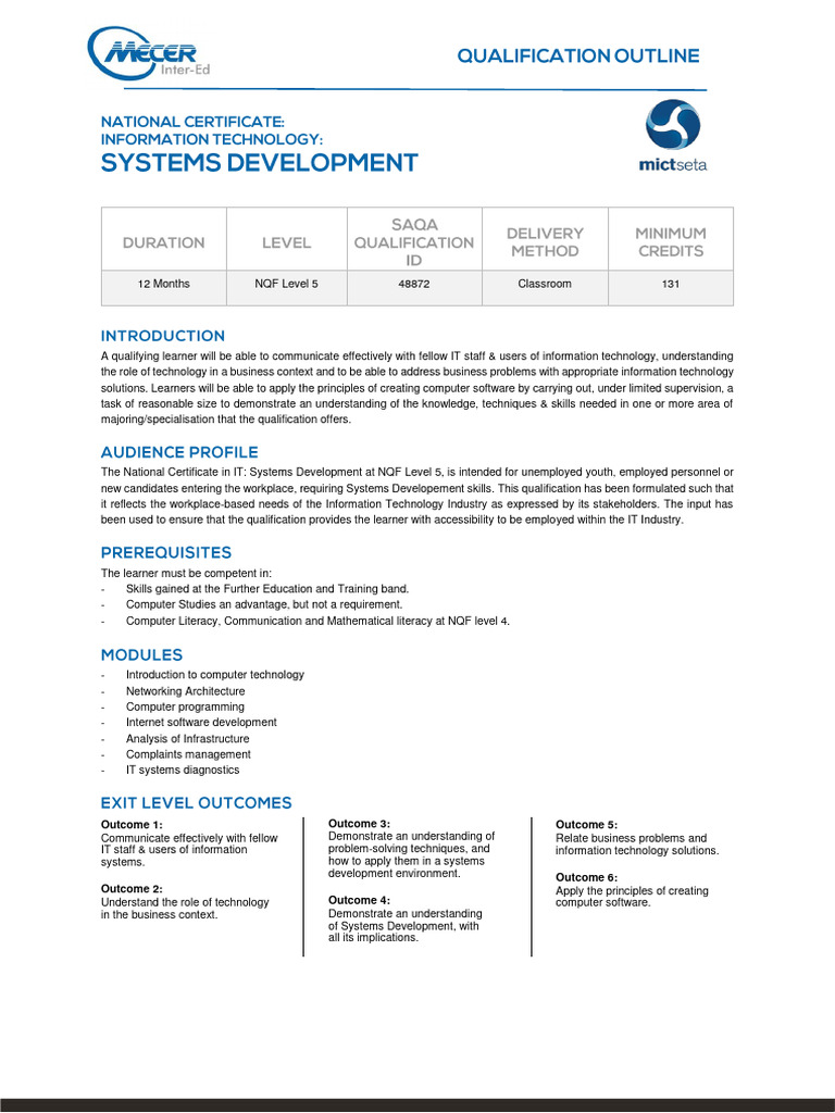 MIE MICT SETA Systems Developement NQF Level 5 Qualification Outline ...