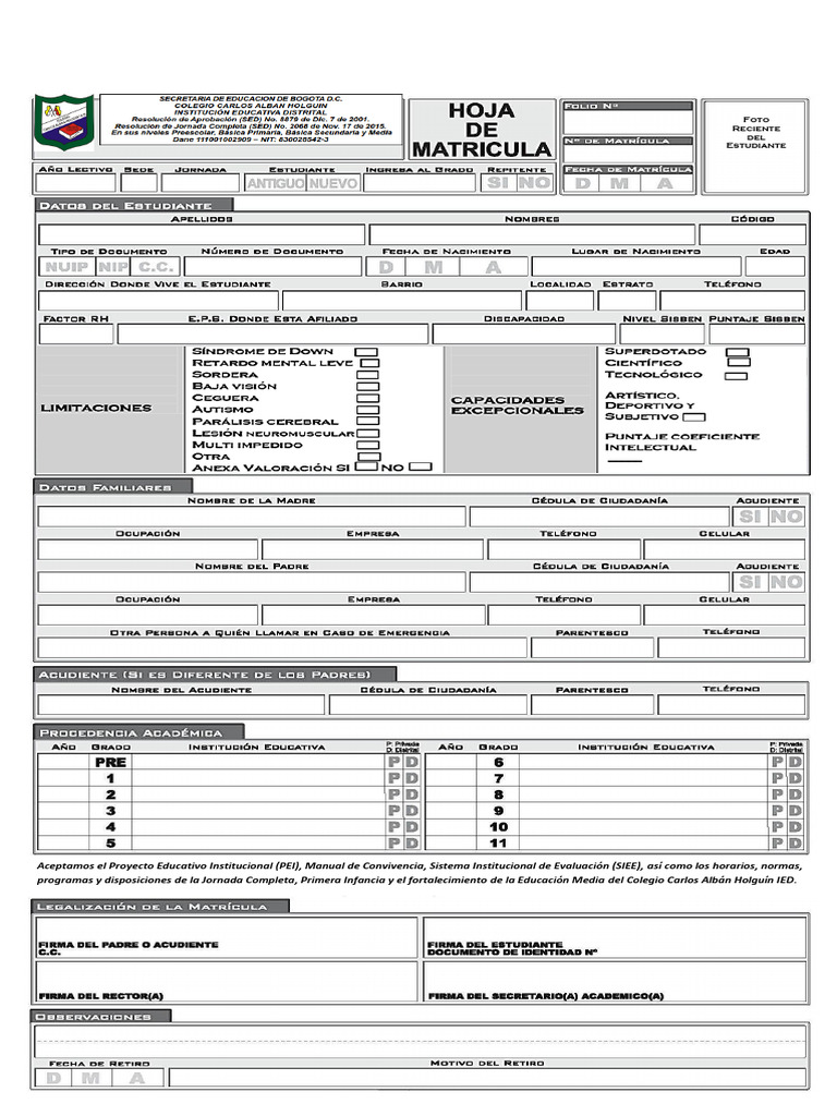 Modelo HOJA DE MATRICULA | PDF | Educación de la primera infancia ...