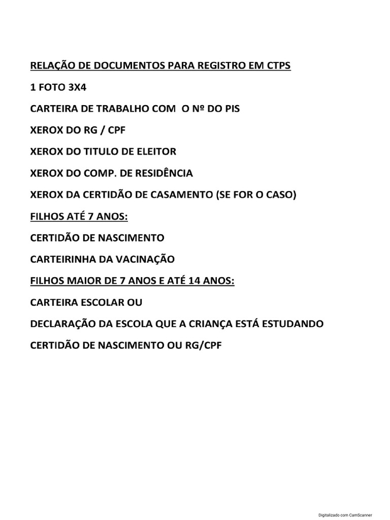 Relacao de Documentos para Registro em CTPS | PDF
