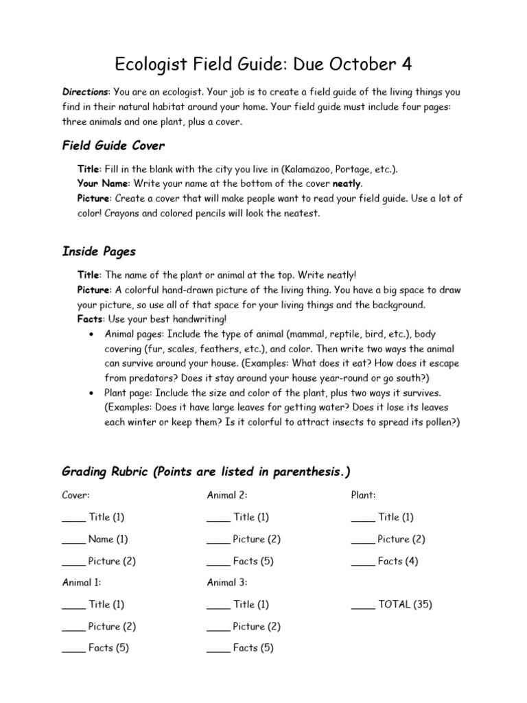 Living Things Field Guide Assigment Sheet | PDF