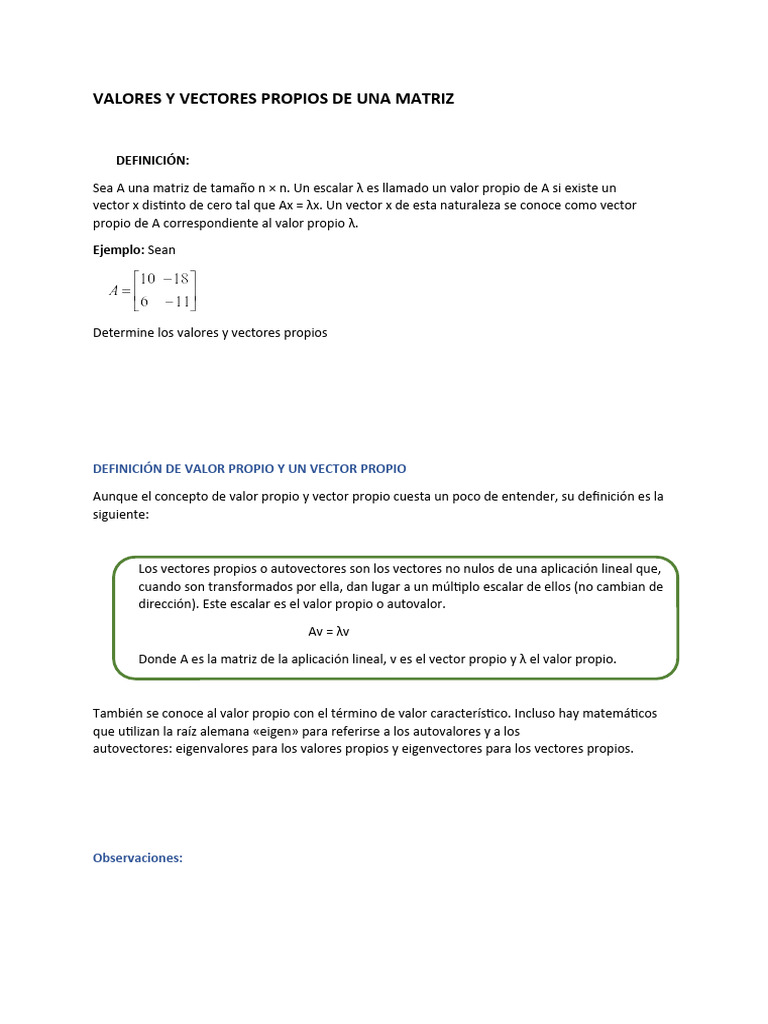 Valores y Vectores Propios de Una Matriz | PDF | Valores propios y vectores propios | Conceptos ...