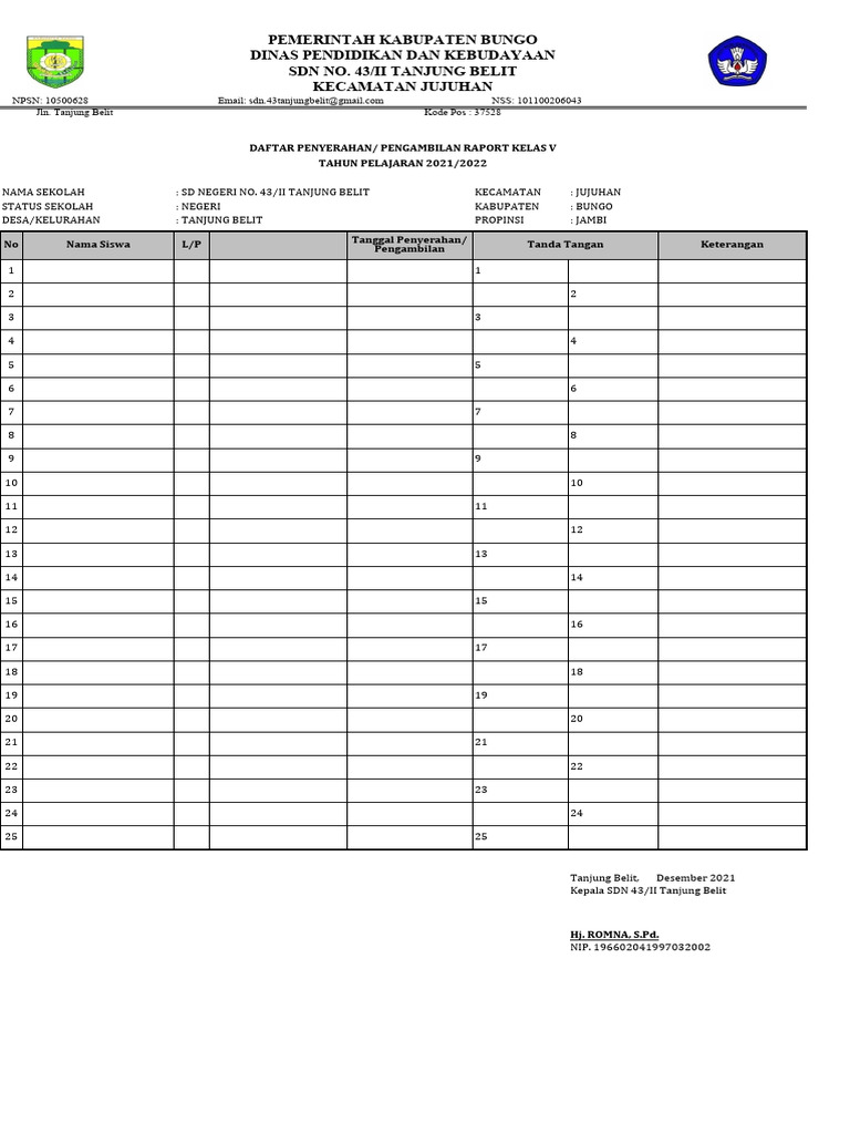 Daftar Pengambilan Raport Kelas V 2021/2022 | PDF