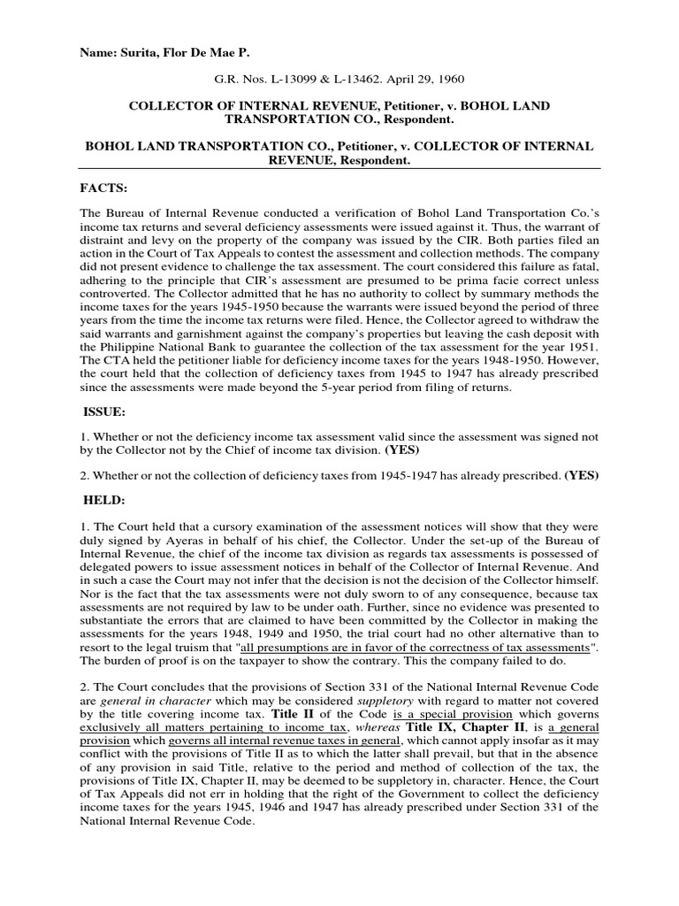 Collector vs. Bohol LTO, GR# L-13099 and L-13462, April 29, 1960 | PDF ...