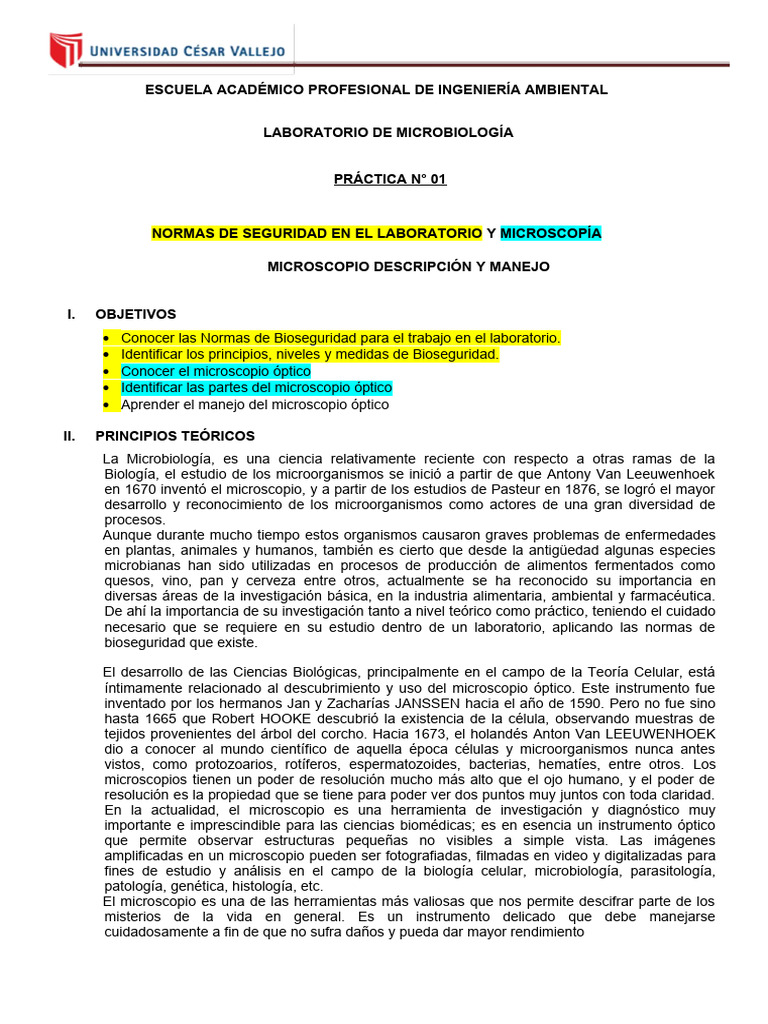 Lab. #01 Normas de Seguridad y Microscopía | PDF | Microscopio ...