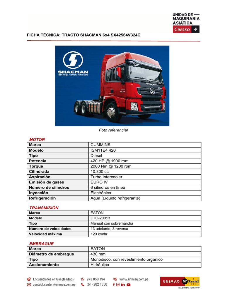Ficha Tracto Shacman X3000 | PDF | Eje | Neumático