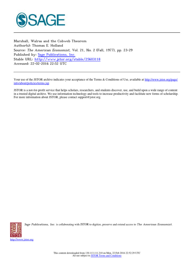 Marshall, Walras, and the Cobweb Theorem | PDF | Economic Equilibrium ...