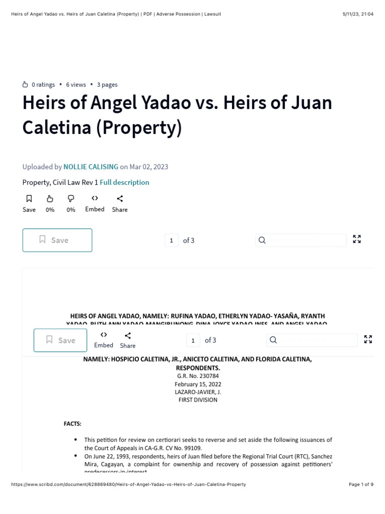 Heirs of Angel Yadao vs. Heirs of Juan Caletina (Property) | PDF ...