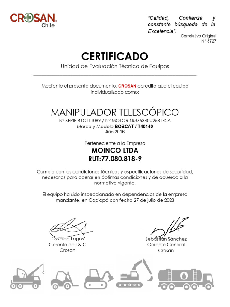 3727 Manipulador Telescópico Certificacion | PDF | Vehículos | Transporte