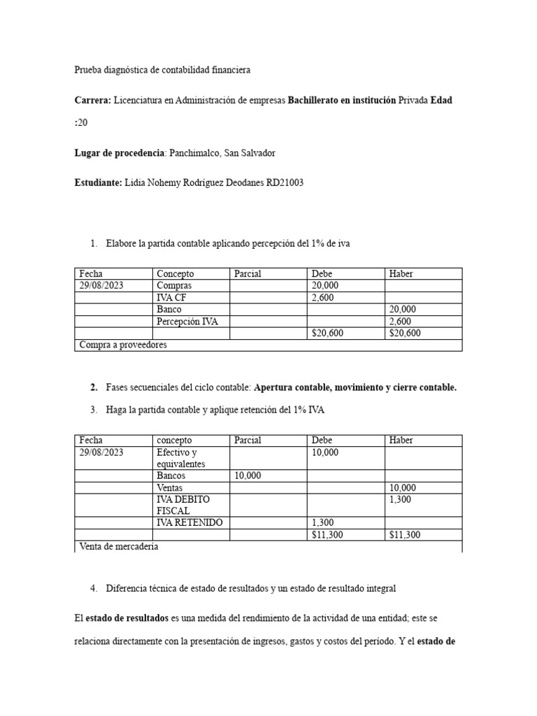 Prueba Diagnóstica de Contabilidad Financiera | PDF