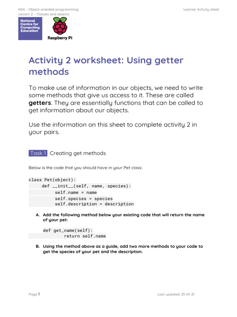 A2 Worksheet - Using getter methods - OOP - KS4 | PDF