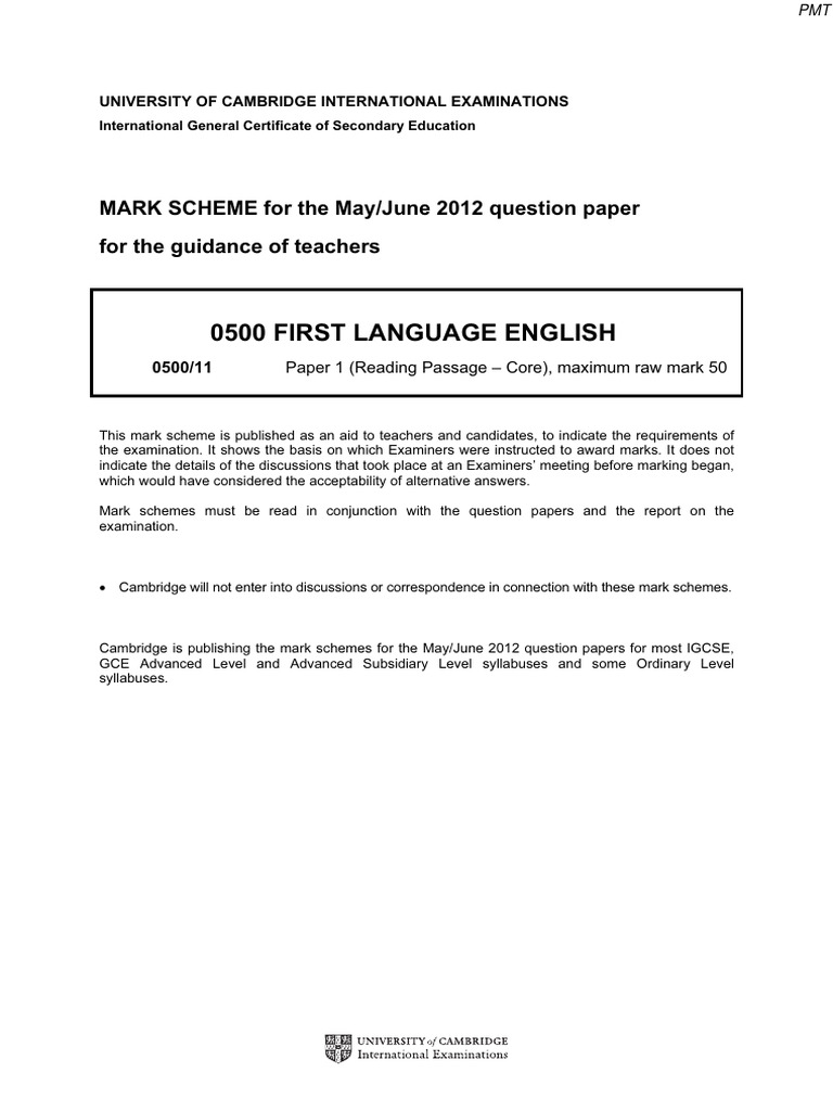 June 2012 (v1) MS - Paper 1 CIE English First Language IGCSE | PDF