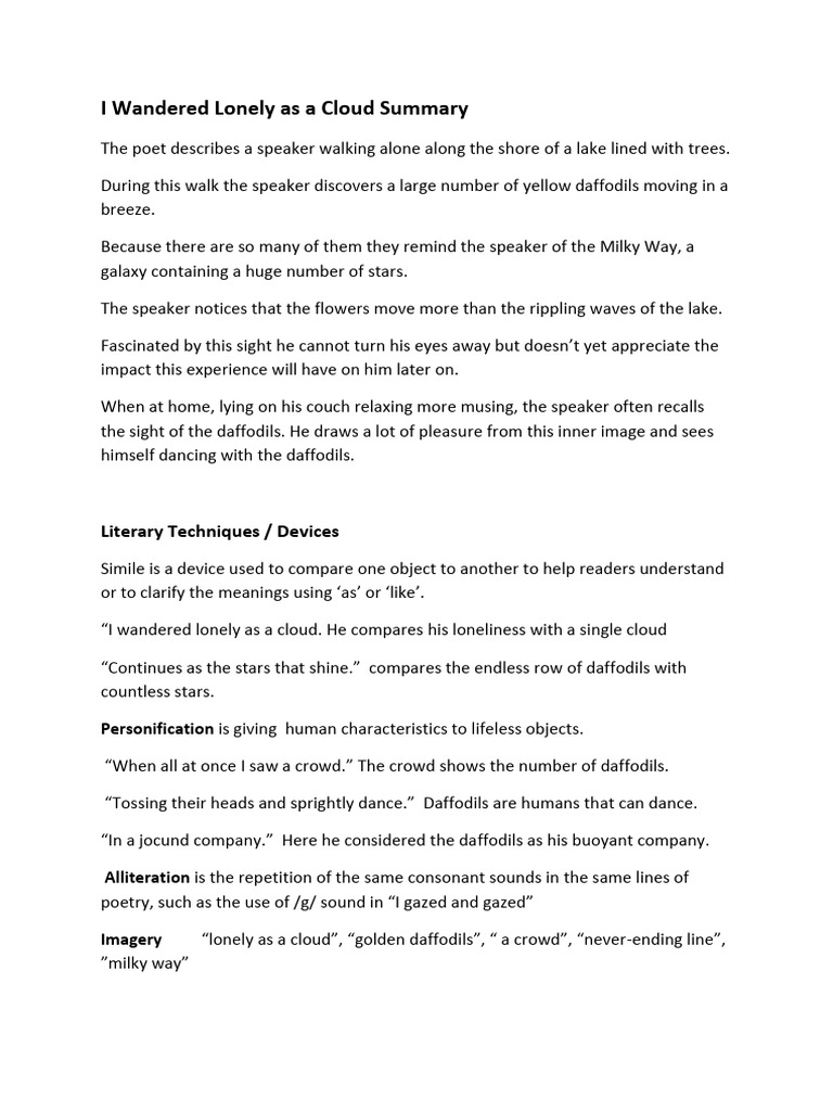 I Wandered Lonely As A Cloud Summary | PDF