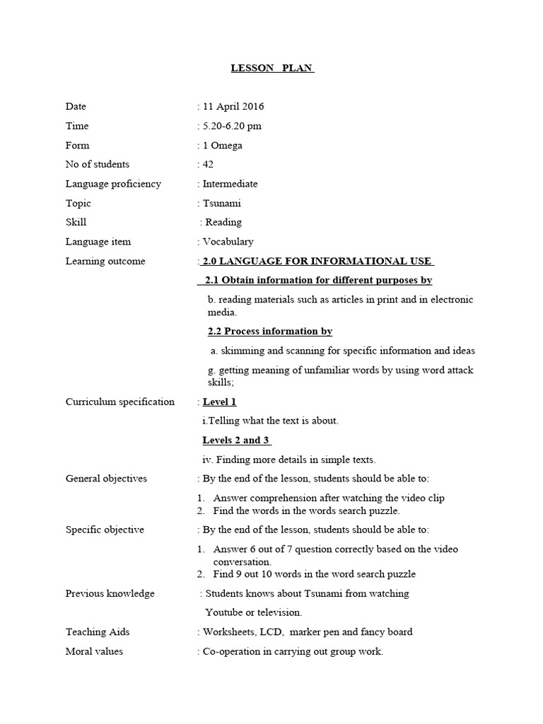 Lesson Plan For Tsunami | Download Free PDF | Reading Comprehension ...