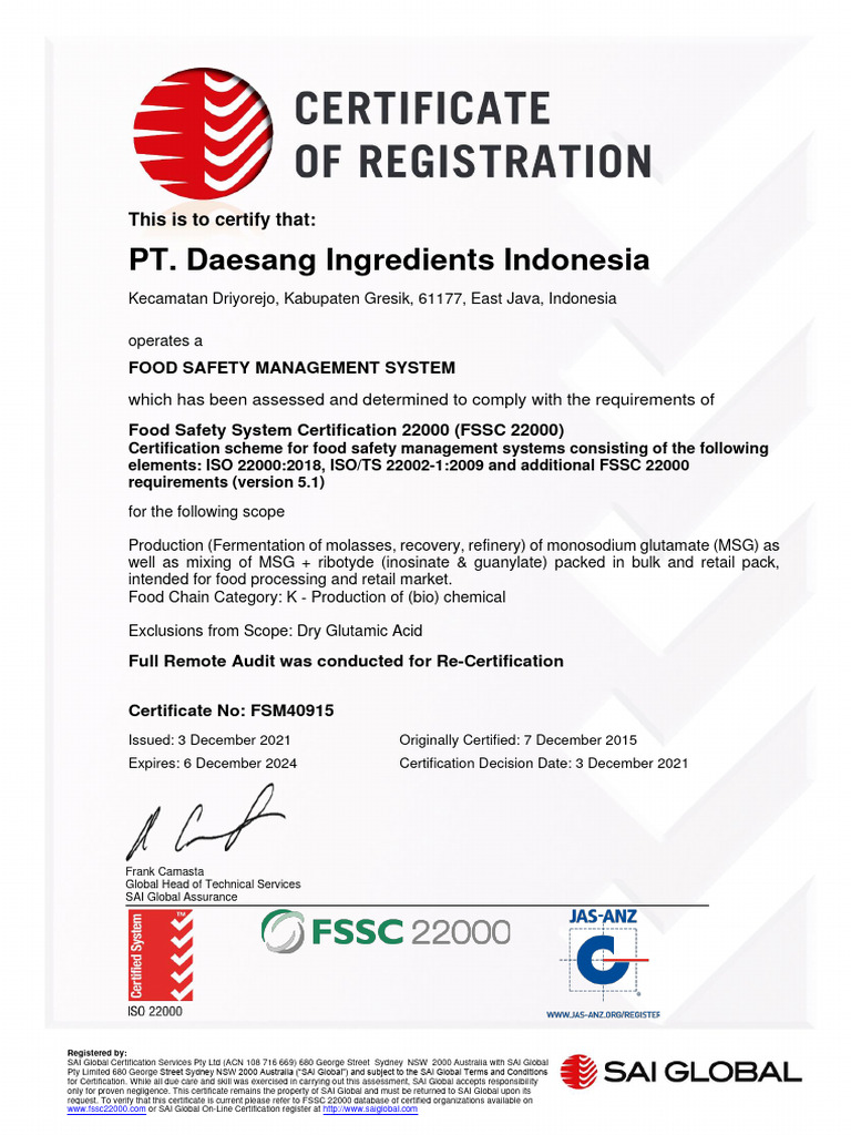 FSSC 22000 Certification for Daesang Indonesia | PDF