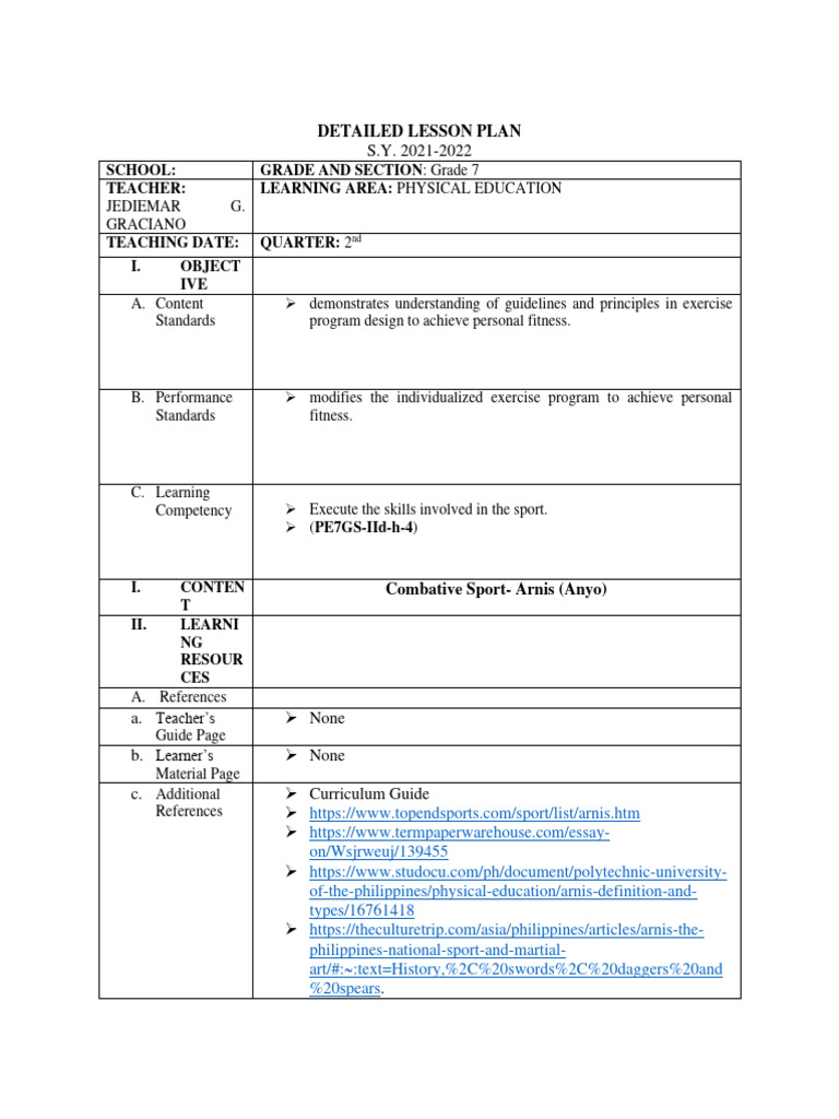 Detailed Lesson Plan | PDF | Combat Sports | Individual Sports
