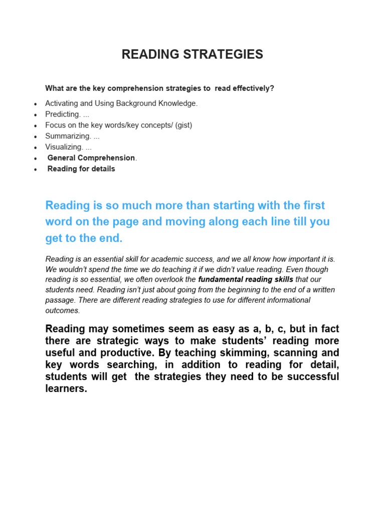 Reading Strategies | PDF | Speed Reading | Reading Comprehension Reading Strategies | PDF | Speed Reading | Reading Comprehension