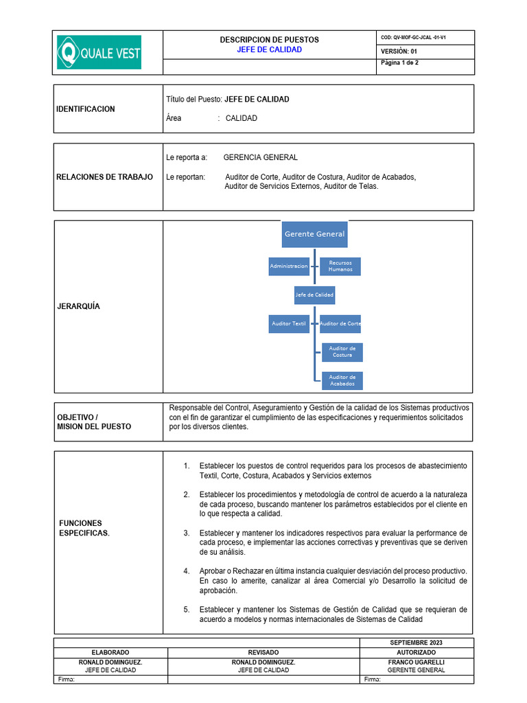 QV-MOF-GC-JGC - 01-V1 - Jefe de Calidad | PDF | Calidad (comercial ...