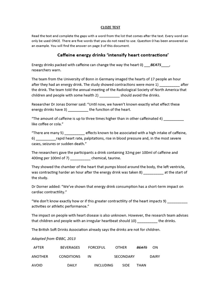 Cloze Test 1 | Download Free PDF | Heart | Caffeine