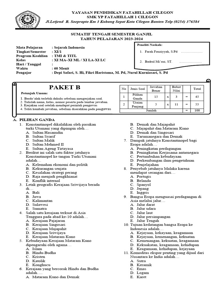 Soal PTS Ganjil Sejarah Indonesia Kelas X Paket B | PDF