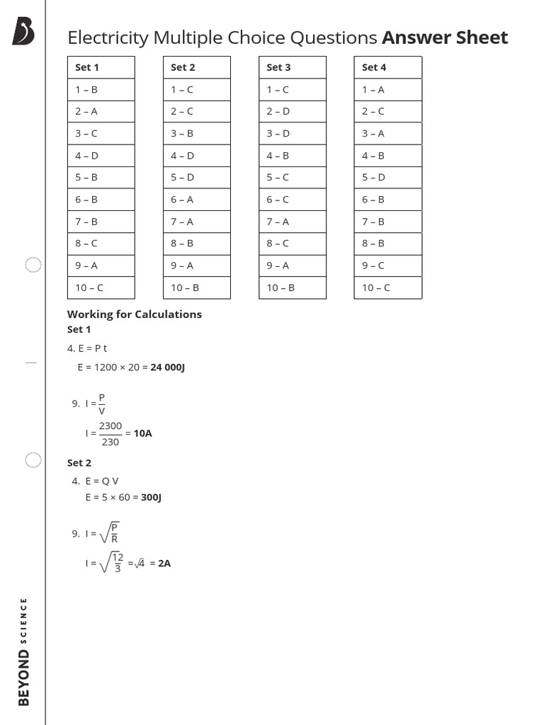 Electricity Multiple Choice Questions Answer Sheet | PDF | Teaching ...