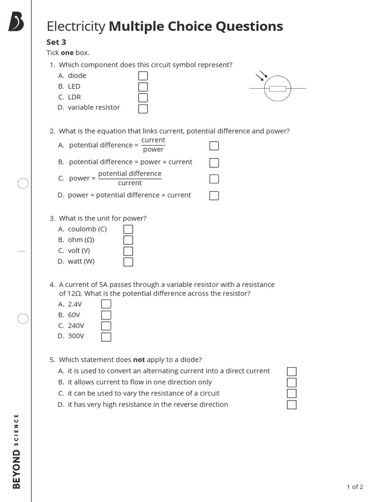Elecricity Multiple Choice Questions Set 3 | PDF | Science & Mathematics