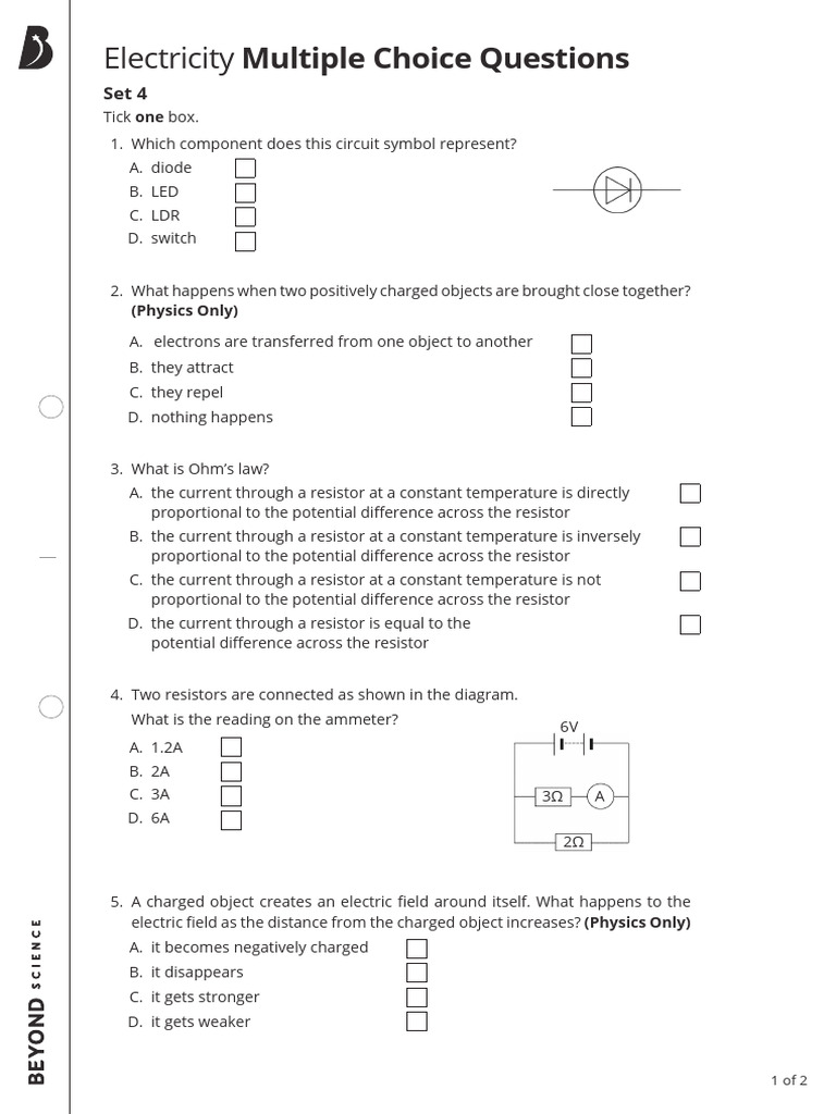 Elecricity Multiple Choice Questions Set 4 | PDF