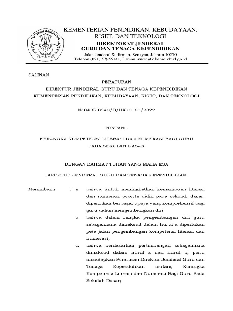 Perdirjen GTK Tentang Kerangka Kompetensi Literasi Dan Numerasi Bagi Guru Pada Sekolah Dasar | PDF