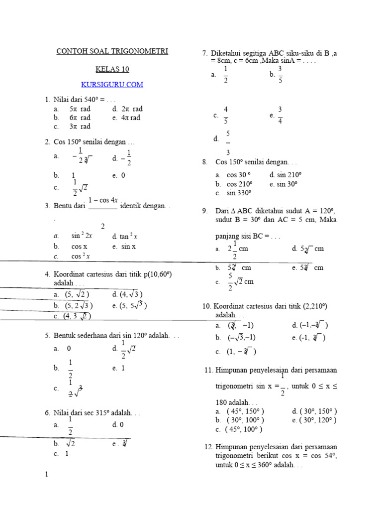 Contoh Soal Trigonometri Kelas 10 Jawaban PDF | PDF
