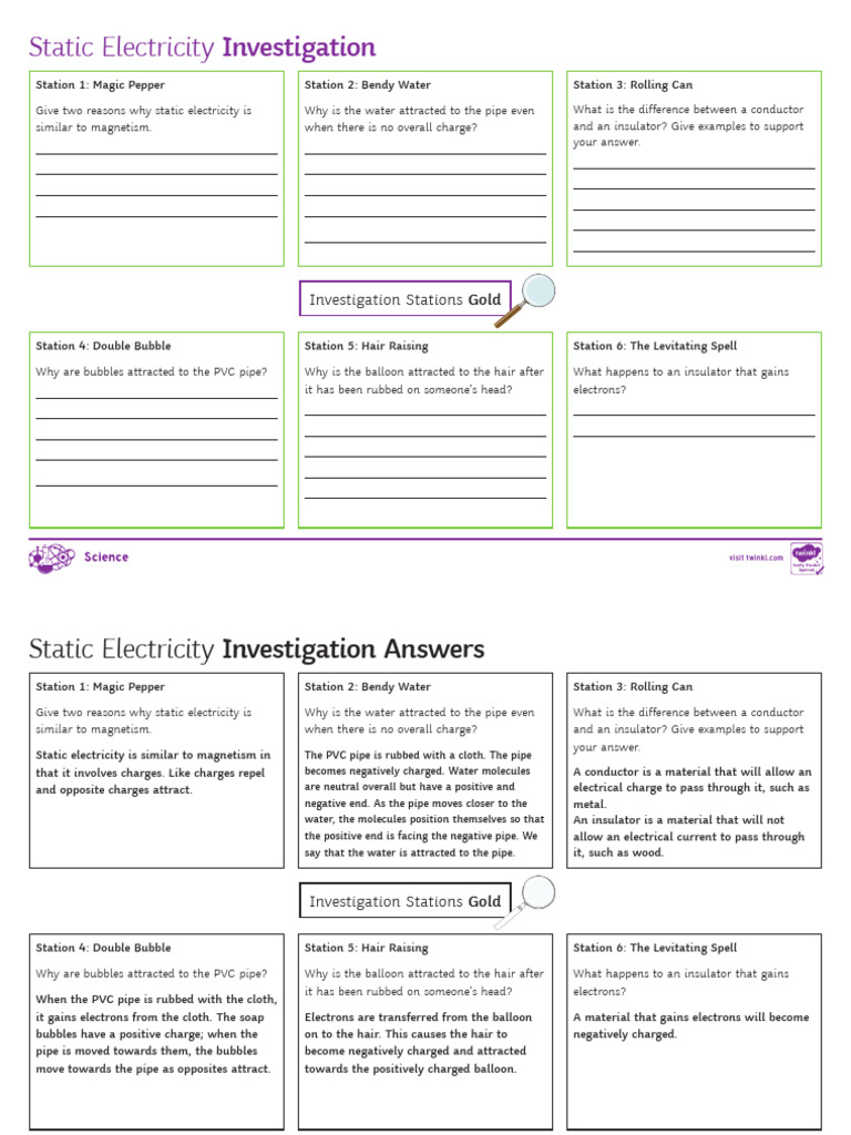 Static Electricity Investigation Activity Sheet Gold | PDF | Electric ...