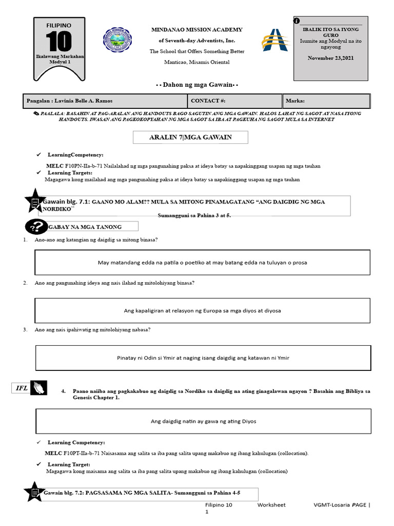 Filipino10Q2M1 Activity Sheet | PDF
