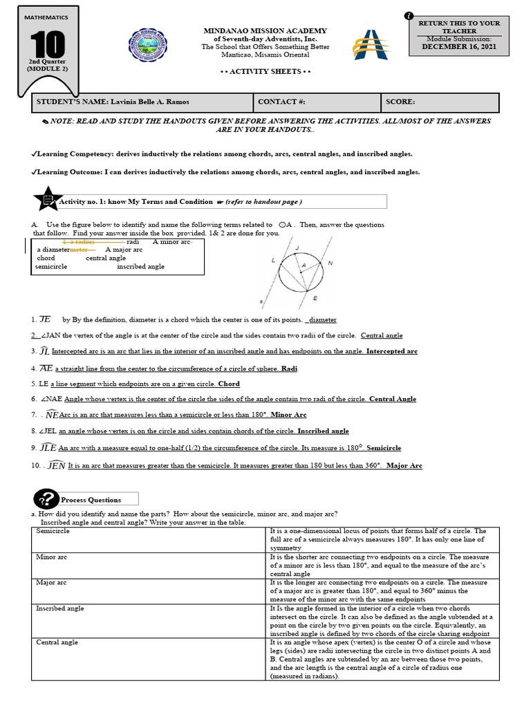 Math10Q2M2 Activity Sheets | PDF | Circle | Angle