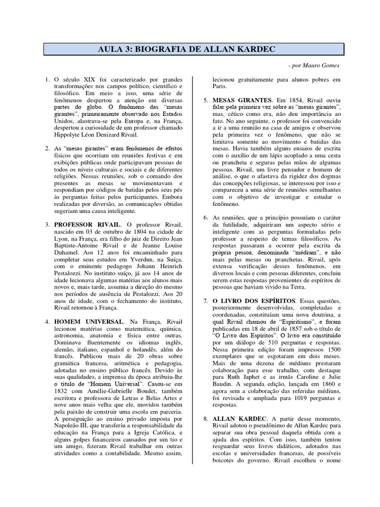 Aula3 Biografia de Allan Kardec | PDF | Religião e Espiritualidade | Clássicos