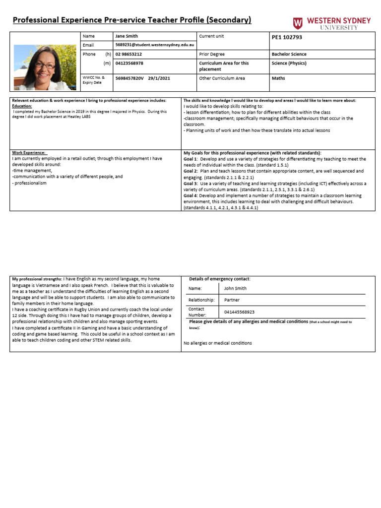 Pre-Service Teacher Profile Sheet Secondary - Example | PDF