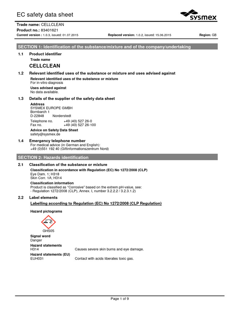 Sds Sysmex Hematology Cellclean 643545 GB en v-1.0.3 SDB | PDF ...