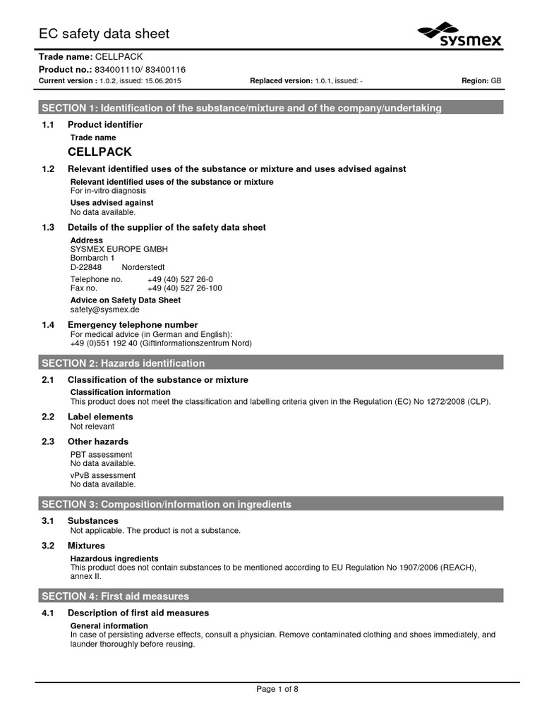 Sds Sysmex Hematology Cellpack 643543 GB en v-1.0.2 SDB | PDF ...