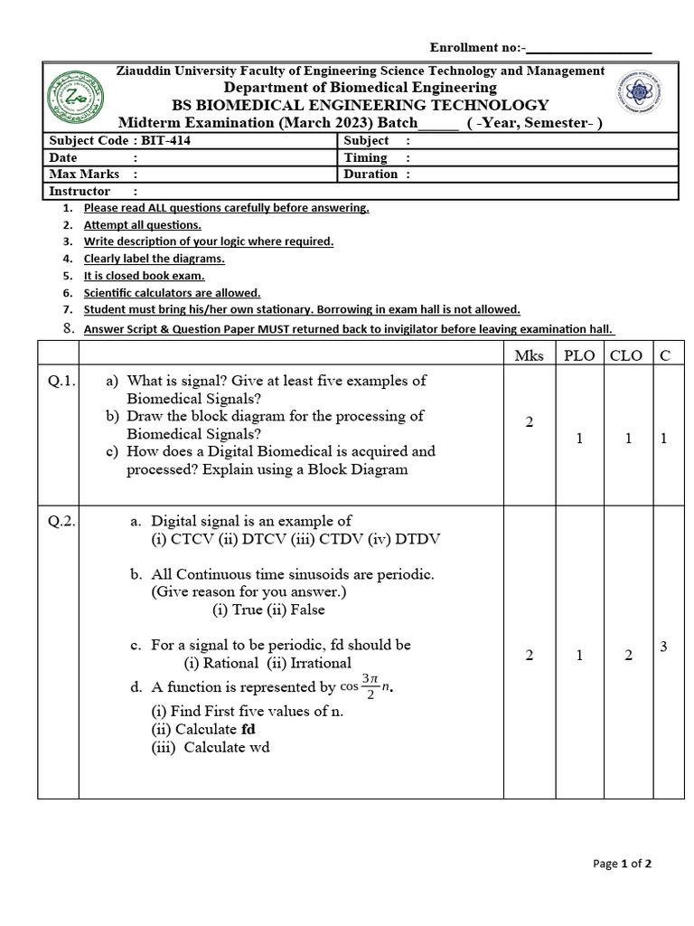 Mid Term Exam Paper BMET (Mar2023) | Download Free PDF | Signal Processing | Computer Engineering