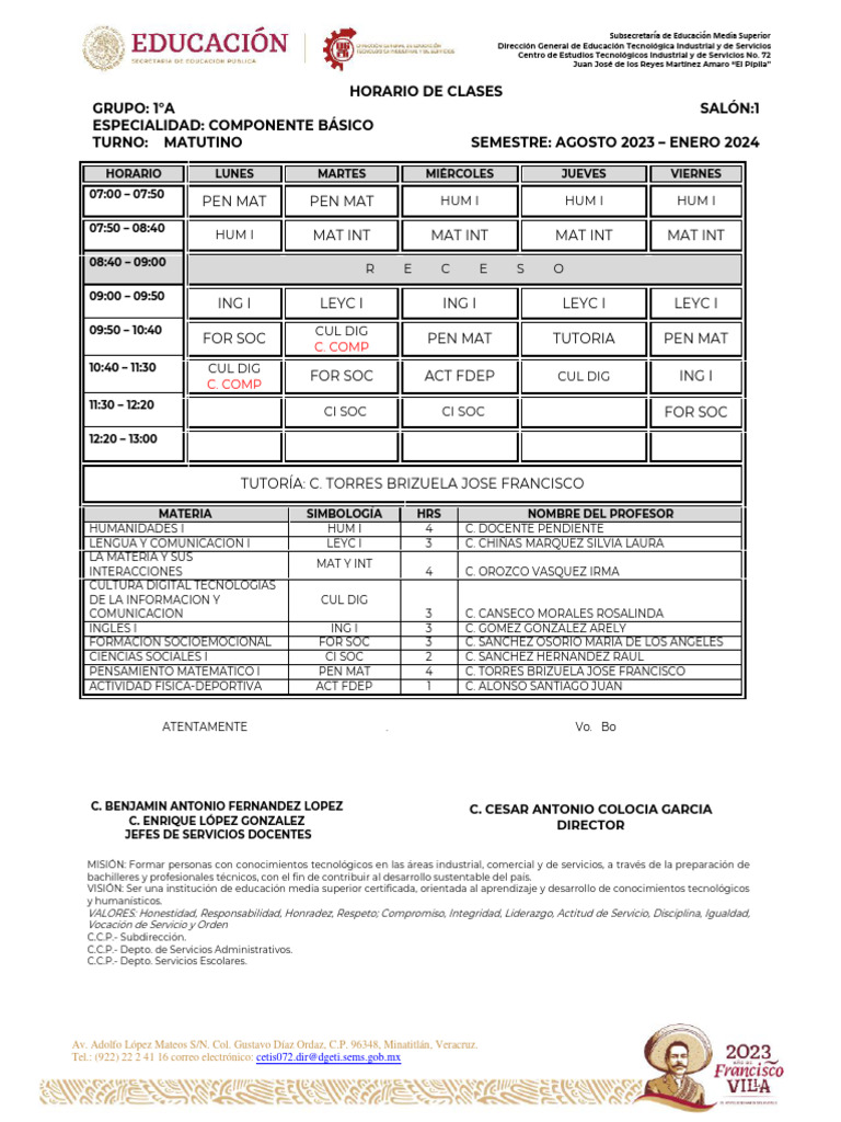 Horarios Clases CETIS 72 - Agosto 2023 | PDF | Maestros | Aprendizaje