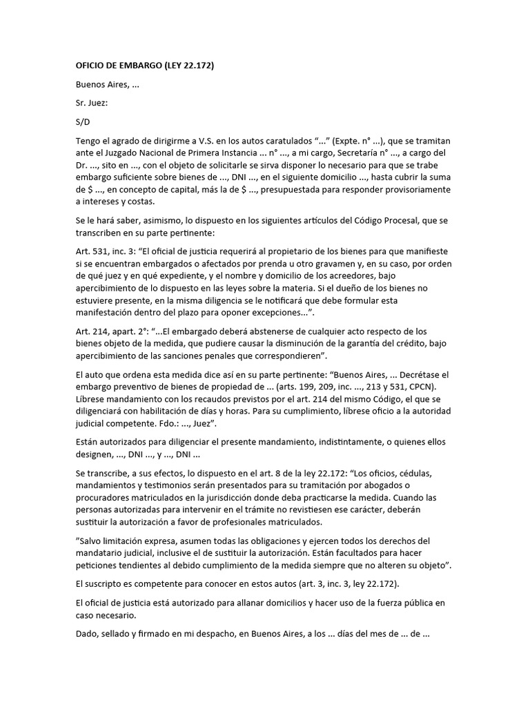 Oficio de Embargo (Ley 22.172) | PDF | Ley Pública | Gobierno