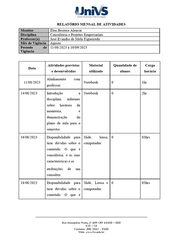 Relatório Mensal de Atividades Agosto | PDF | Informática
