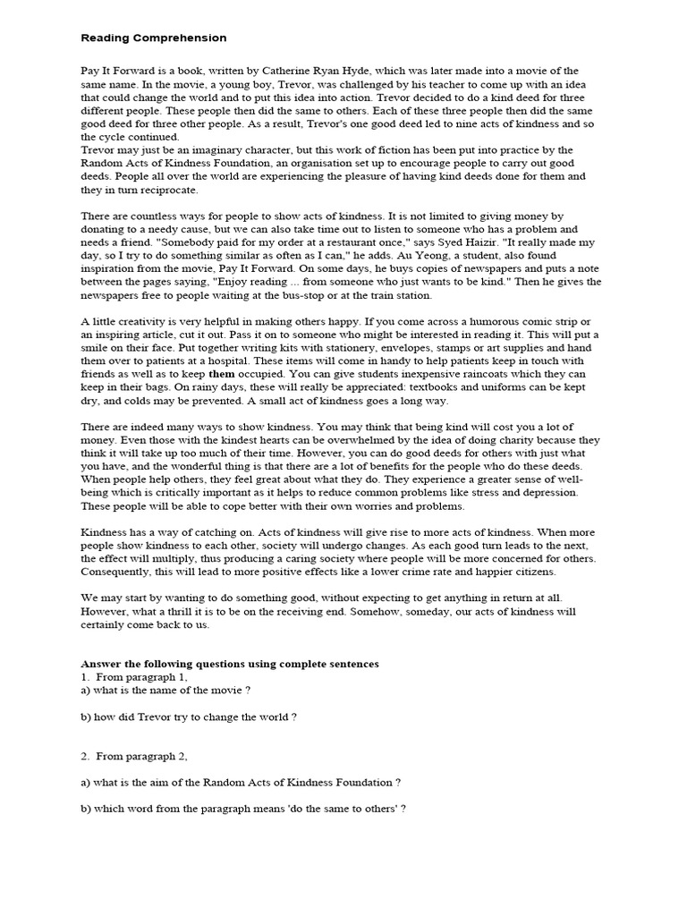Reading Comprehension Pay It Forward | PDF