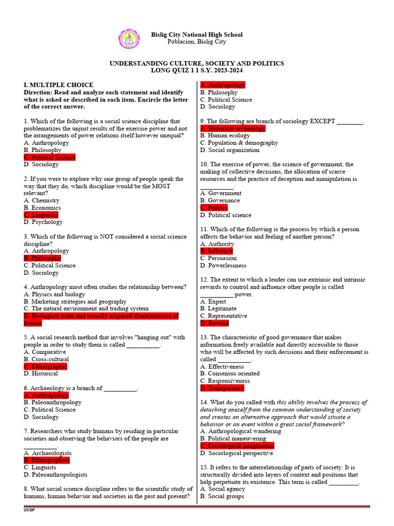 Ucsp Q3 ST1 - Key Answer | PDF | Sociology | Anthropology