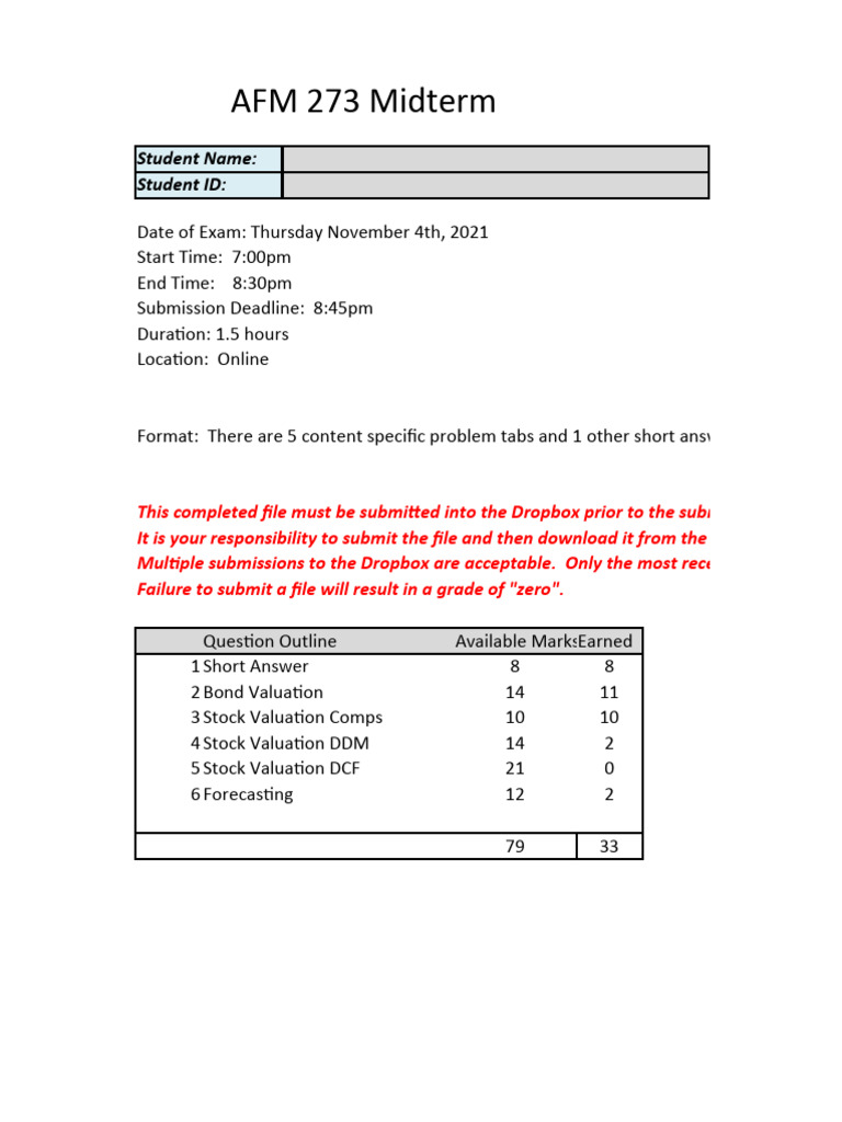 AFM 273 Midterm Exam Details | PDF | Errors And Residuals | Coefficient Of Determination