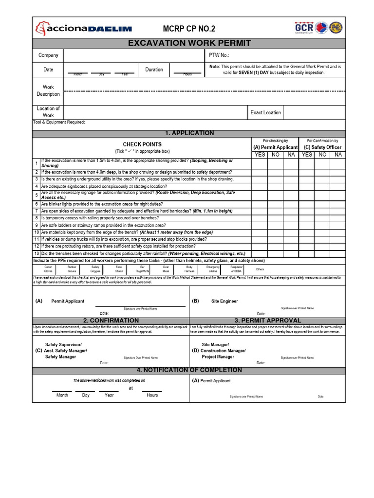 Excavation Work Permit | Download Free PDF | Trench | Personal ...