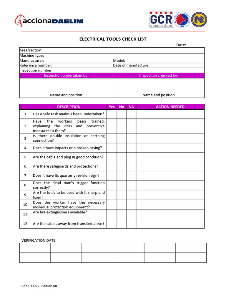 CO22 Electric Tools Check List | PDF | Technology & Engineering