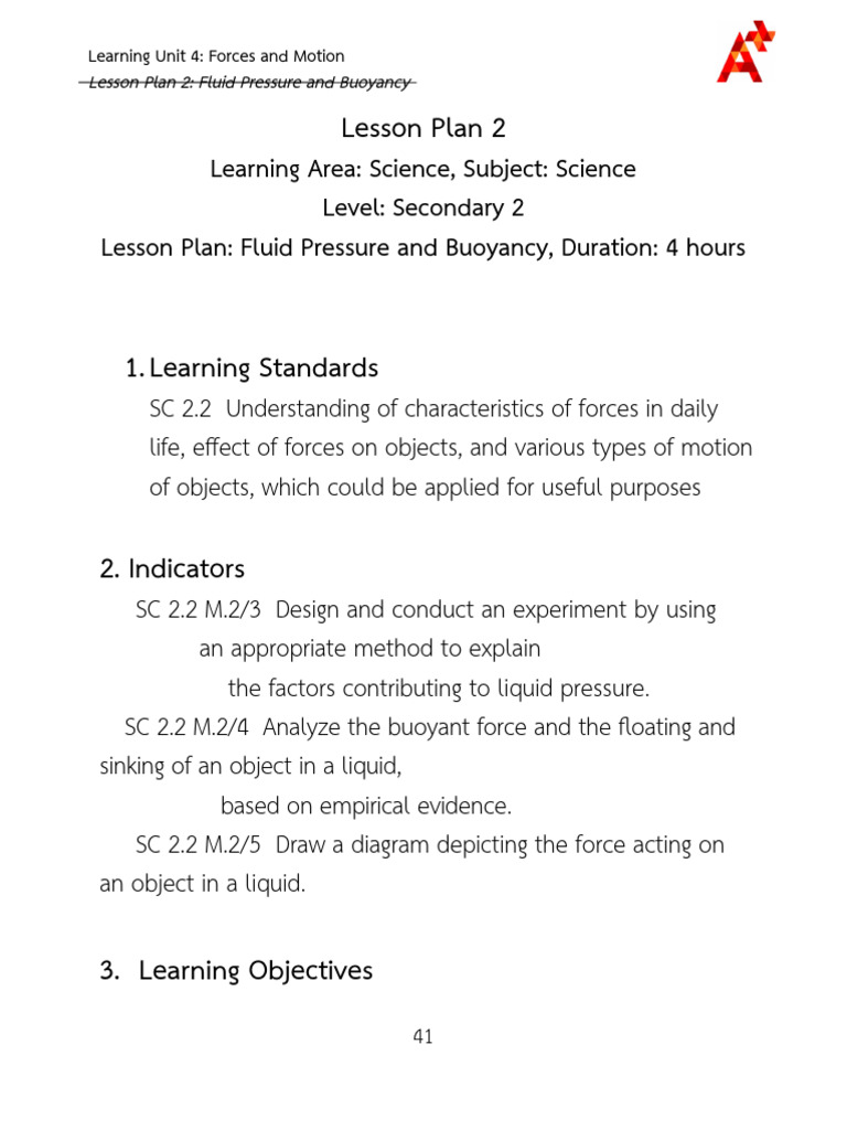 Lesson Plan 4-2 Fluid Pressure and Buoyant Force | PDF | Buoyancy | Pressure